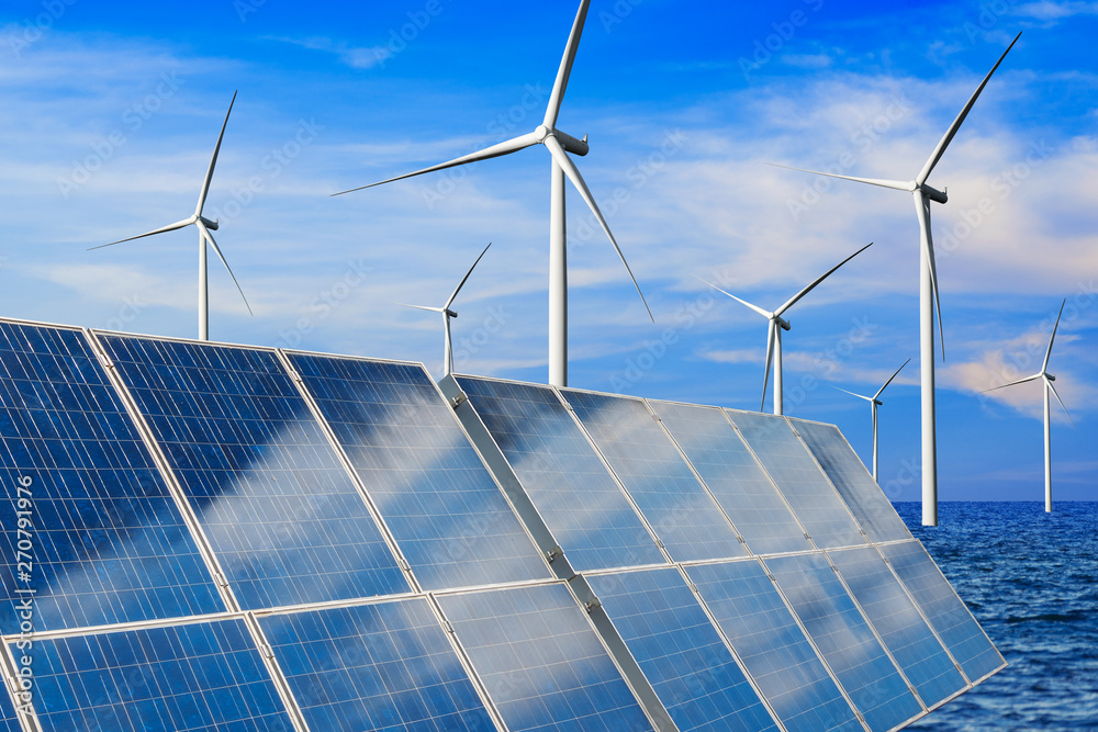 Solar energy panel photovoltaic cell and wind turbine farm power ...