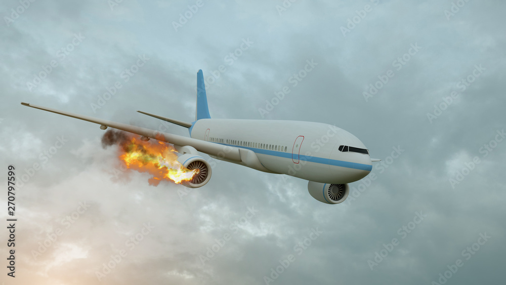 Flying aircraft with exploding aero engine just before air crash. 3D ...