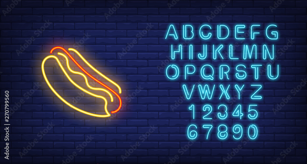 Neon hot dog sign. Glowing hot dog neon sign. Food concept. Night ...