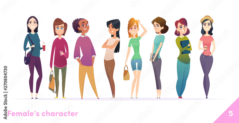 Women character design collection. Modern cartoon flat style. Females ...