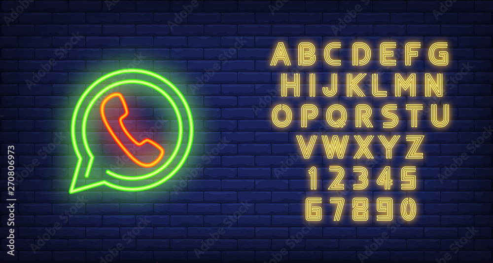 Messenger neon sign. Luminous signboard with red phone in green speech ...