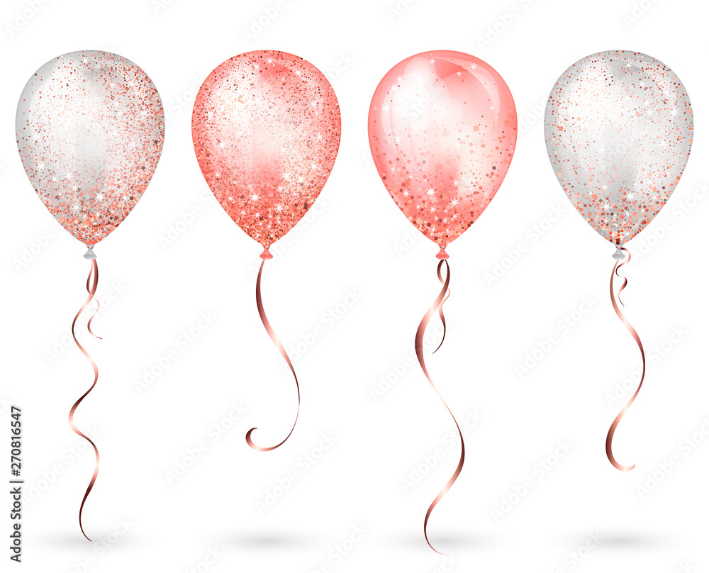 Flying glossy white and pink shiny realistic 3D helium balloons with ...
