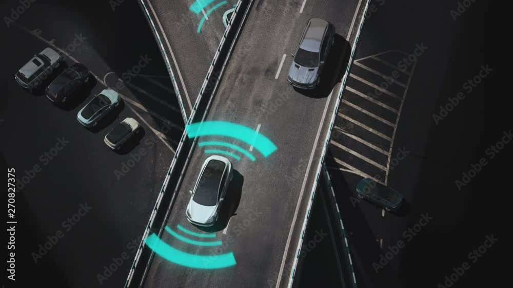 Highway aerial view with autonomous cars that showing the lidar-radar ...