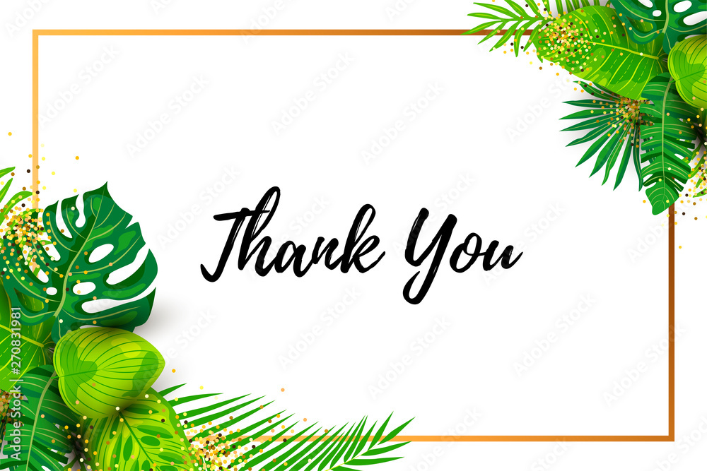 Thank you card. Green summer tropical background with exotic leaves and ...