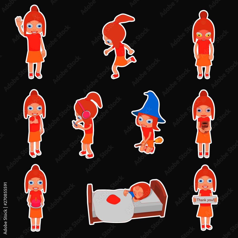 Set of girls stickers. Cartoon characters with different facial. Stock ...
