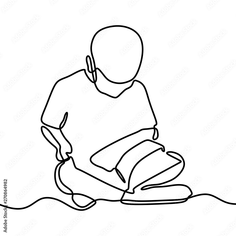 boy reading book one continuous line drawing isolated on white ...