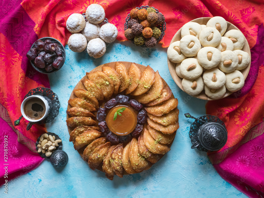 Arabic sweets. Arabian Qatayef, Ghorayeba sweets and Egyptian cookies ...