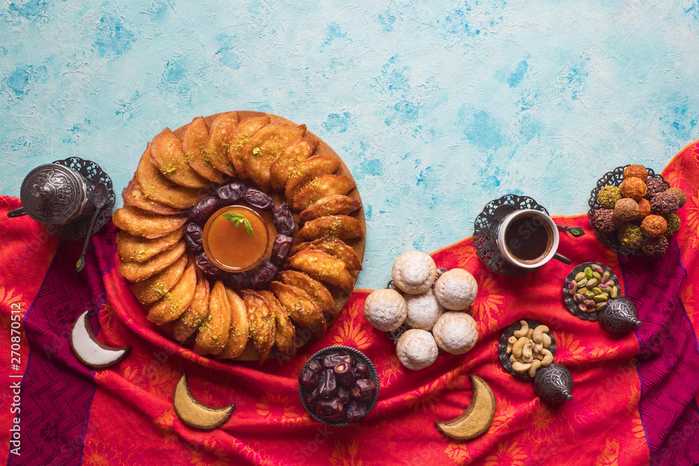 Arabic sweets. Arabian Qatayef, Ghorayeba sweets and Egyptian cookies ...