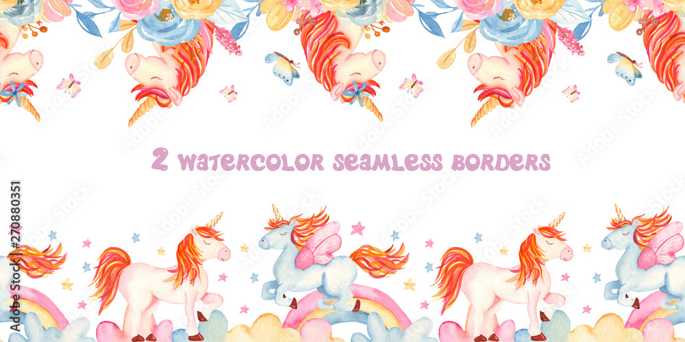 Watercolor seamless border with unicorns, flowers, rainbow, gold ...