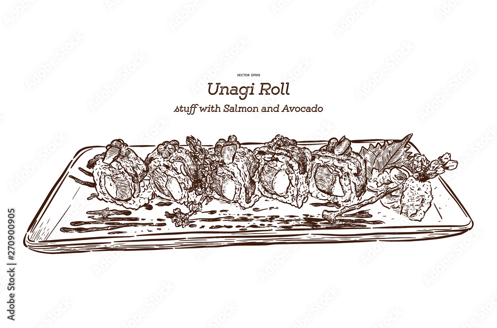 Japanese traditional food, Unagi roll sushi. Hand draw sketch vector ...