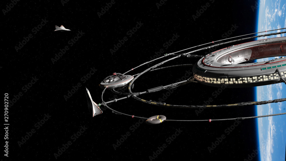 space station and multiple spaceships in orbit of planet Earth (3d ...