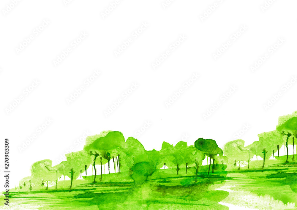 Watercolor autumn, summer forest, silhouette of trees, bushes., Field ...