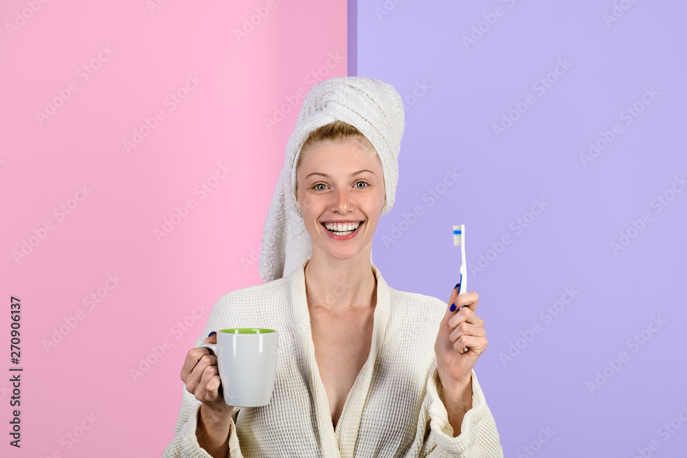 Woman with toothbrush. Morning treatments. Health. Teeth. Morning ...