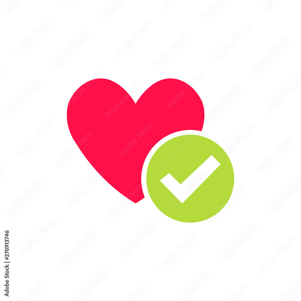 Heart tick vector icon. Cartoon flat design healthy heart with ...