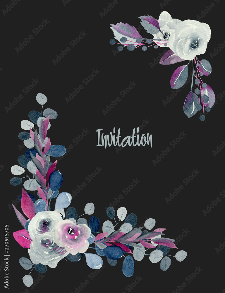 Floral corner borders of watercolor indigo and crimson roses and plants ...