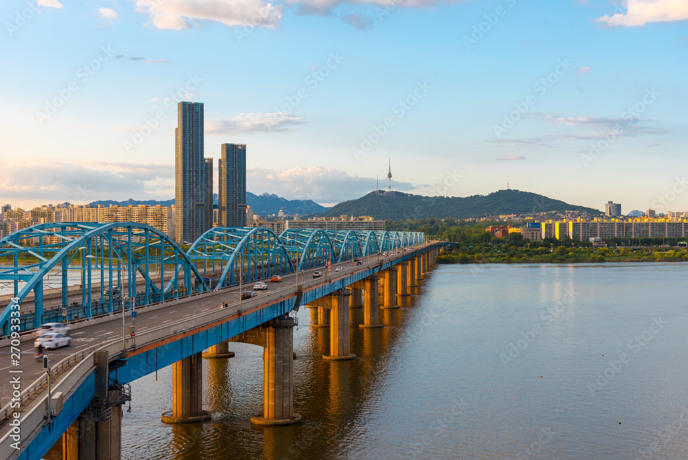Seoul City skyline at Dongjak Bridge and Han river in Seoul, South ...