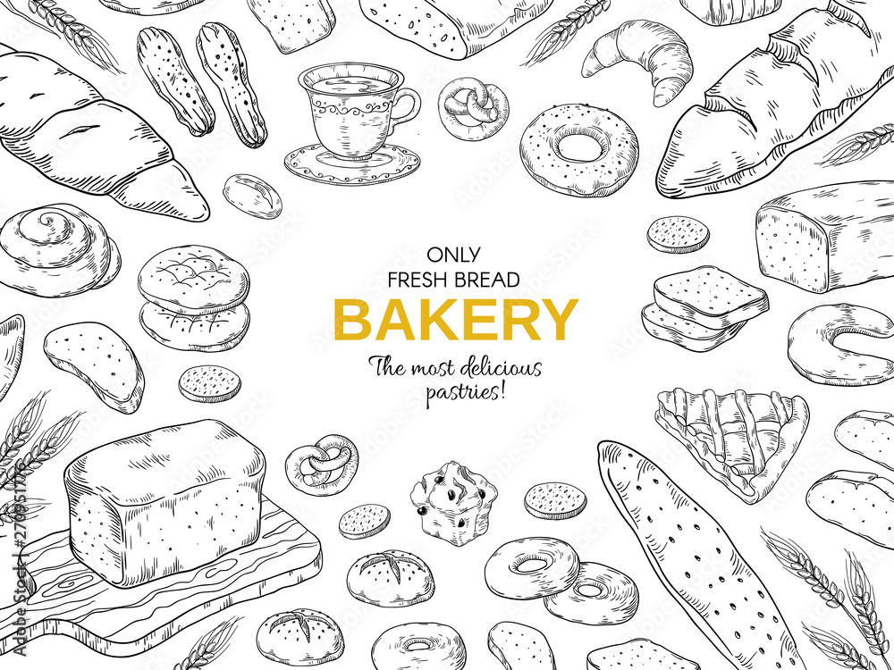 Bakery frame. Hand drawn bread and cookies banner for menu, sweet pies ...