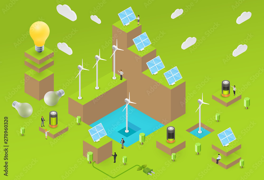 Wind turbines and solar panels on green ground, hills or islands with ...