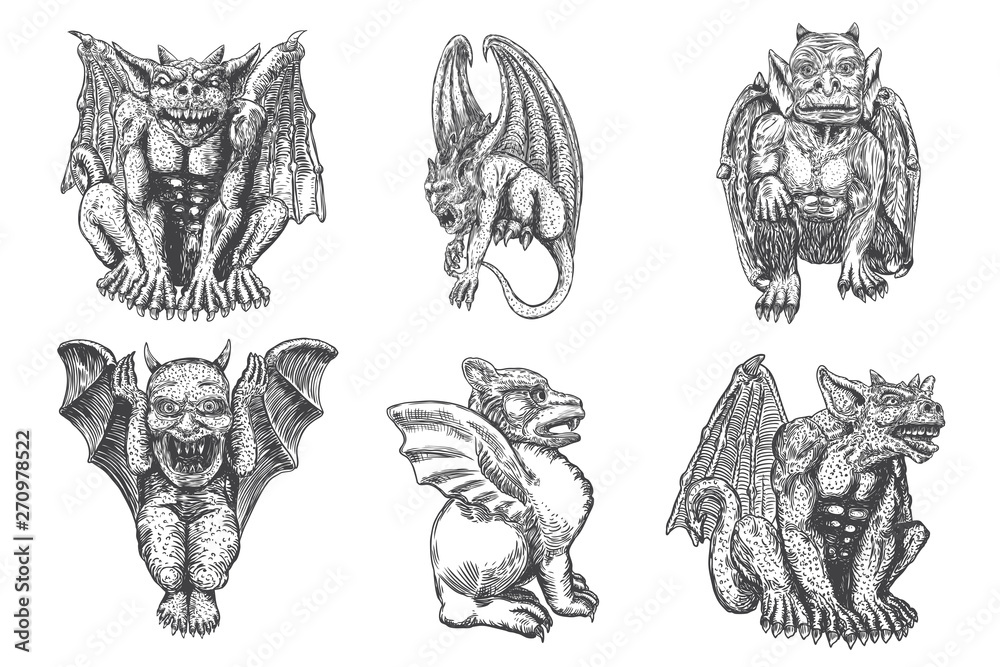 Set of mythological ancient creatures animals with bat like wings and ...