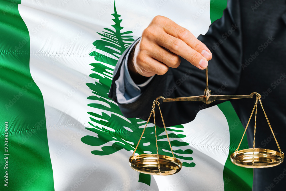 Judge Is Holding Golden Scales Of Justice With Norfolk Island Waving