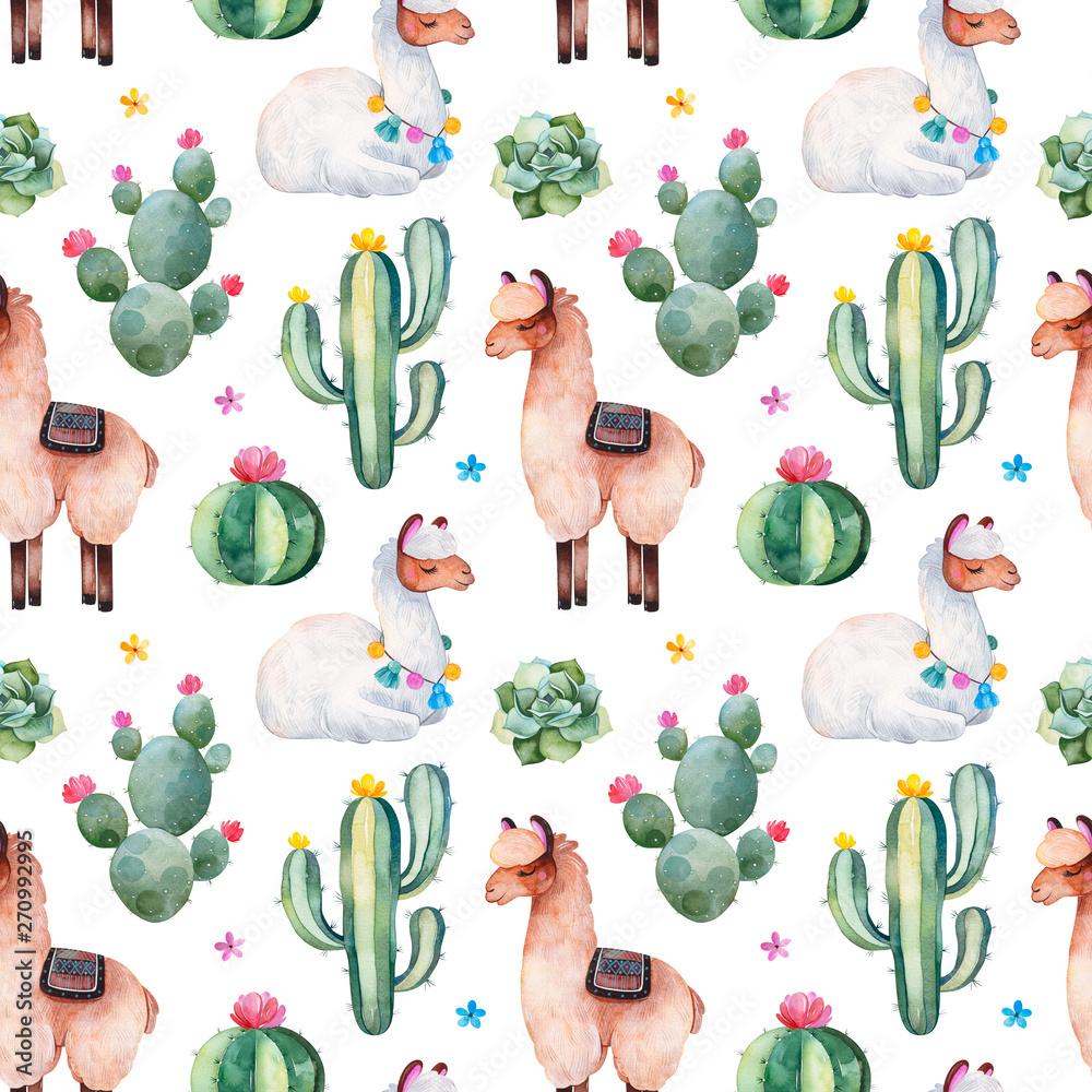 Seamless pattern with green watercolor cactus,succulents, multicolored ...
