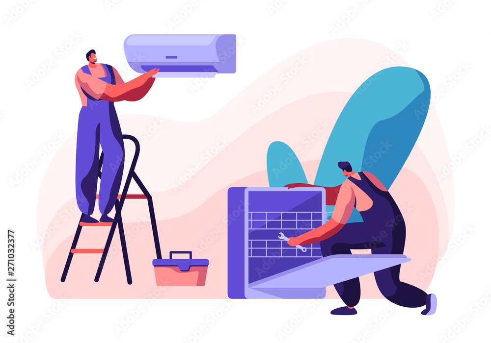 Handy Men Fixing Broken Conditioner and Dishwasher at Home, Husband for ...