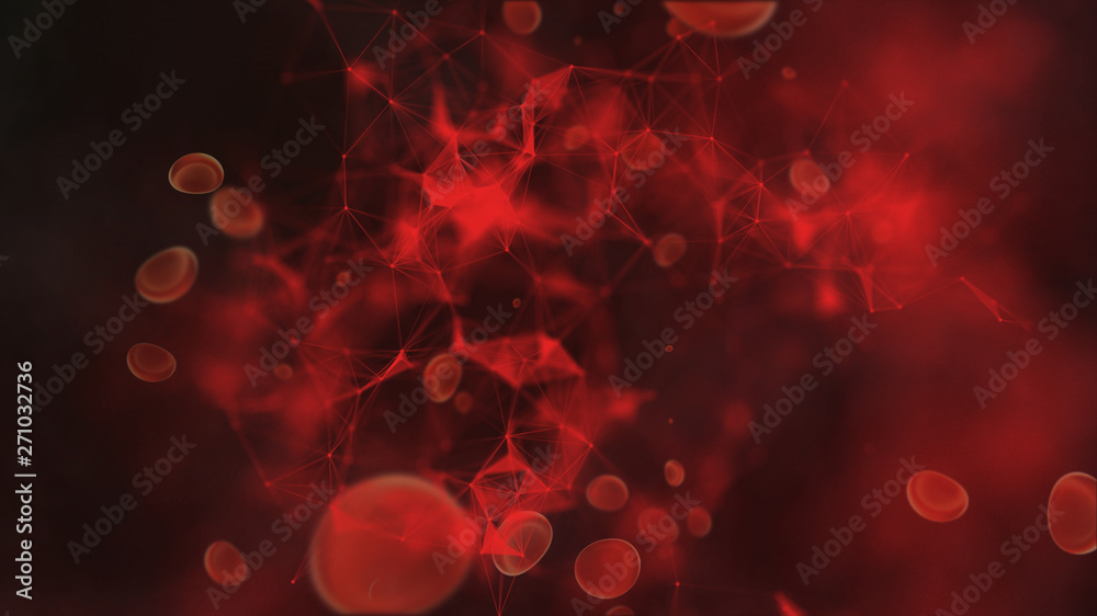 Red infecting blood cells, bacteria and virus traveling through a vein ...