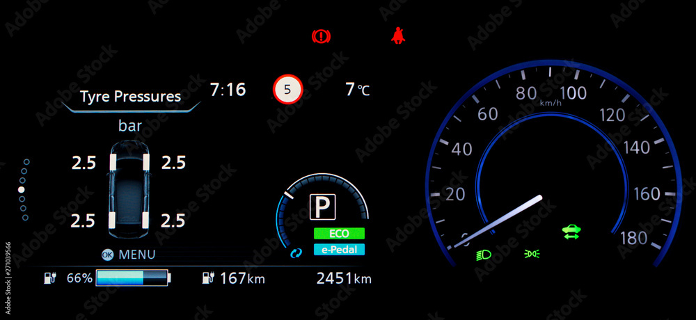 Foto de Car dashboard panel in the fully electric vehicle (EV). TPMS ...