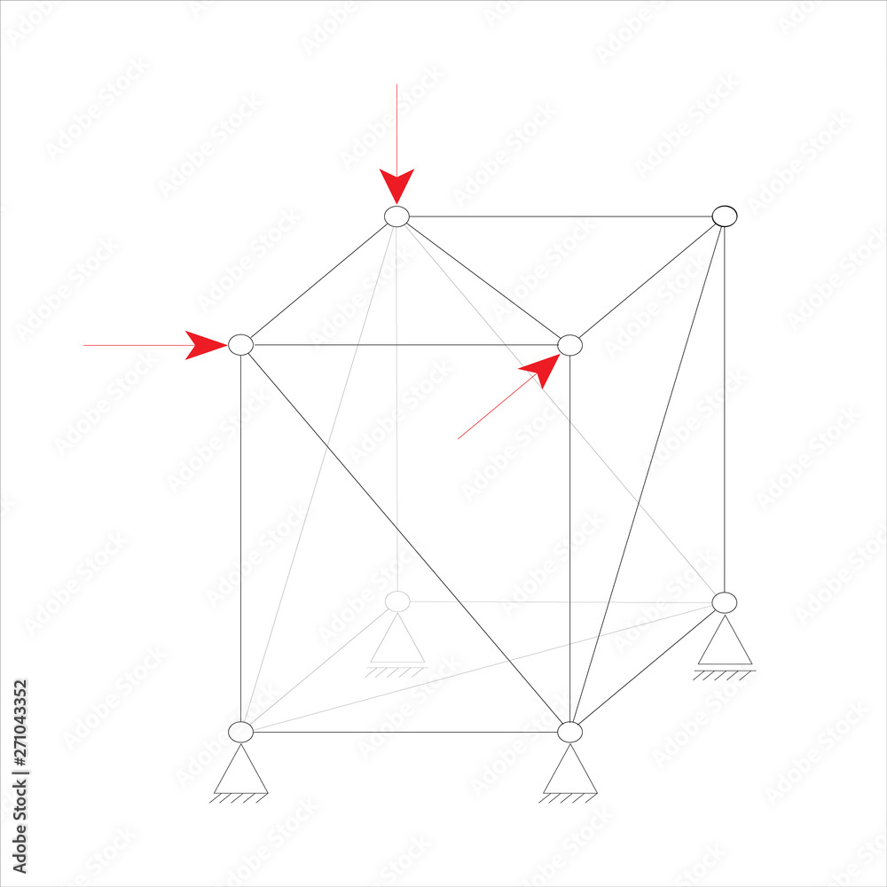 Vector illustration of a 3D spatial truss with pinned supports and a ...