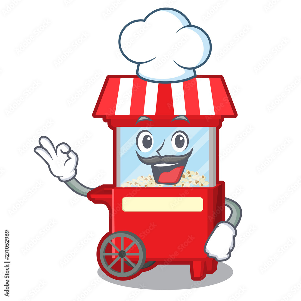 Chef popcorn machine next to cartoon table Stock Vector | Adobe Stock