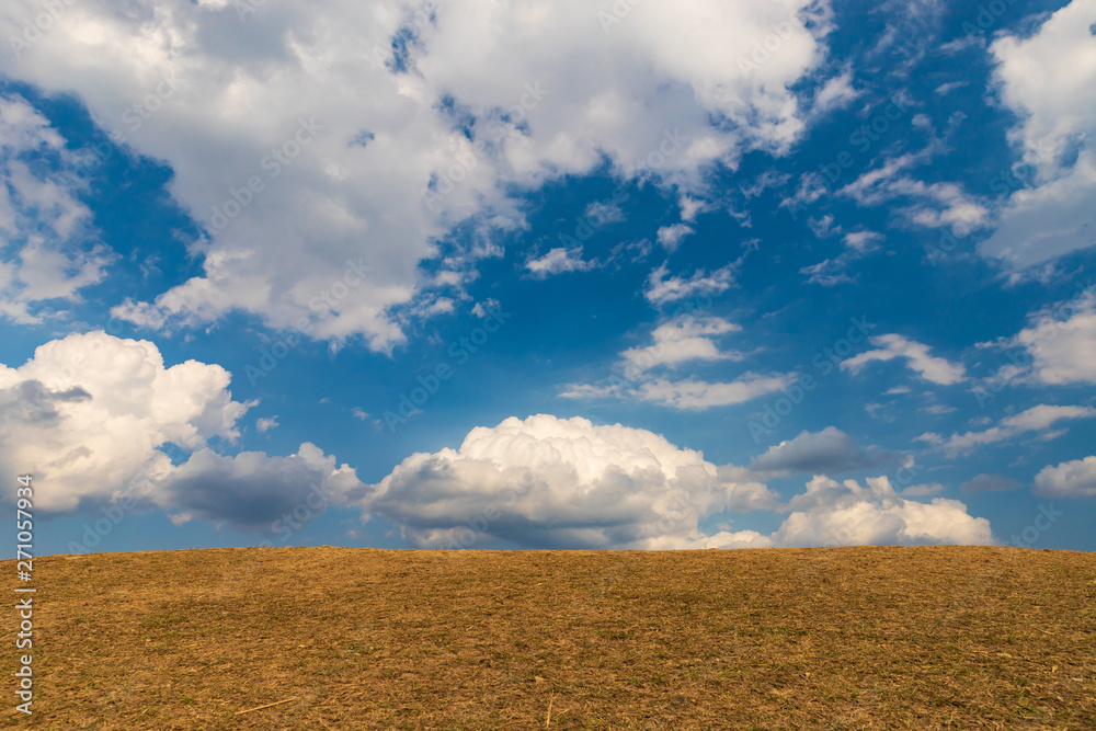 Blue sky and dry grass field on ground, Natural landscrap background ...