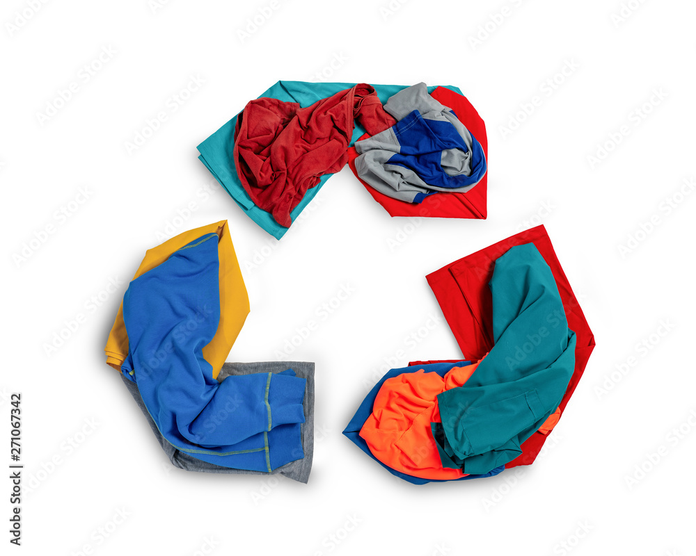 Shape of recycle symbol from fabric scraps, old clothing and textiles ...