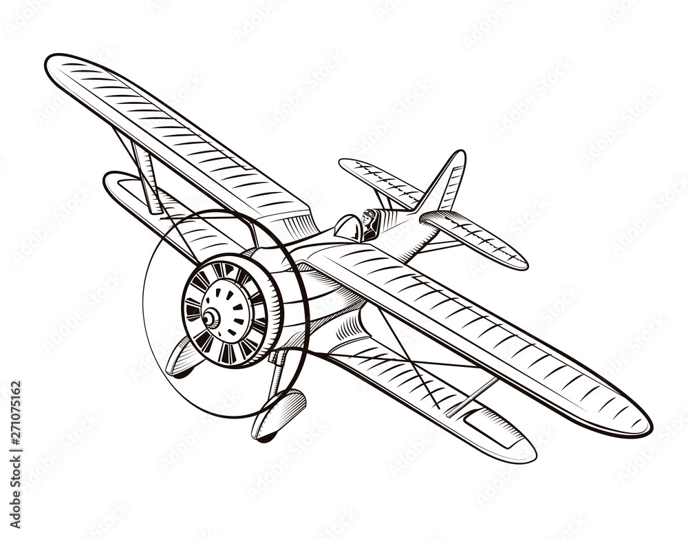 Old airplane, biplane, illustration in vintage style, Hand drawn retro ...