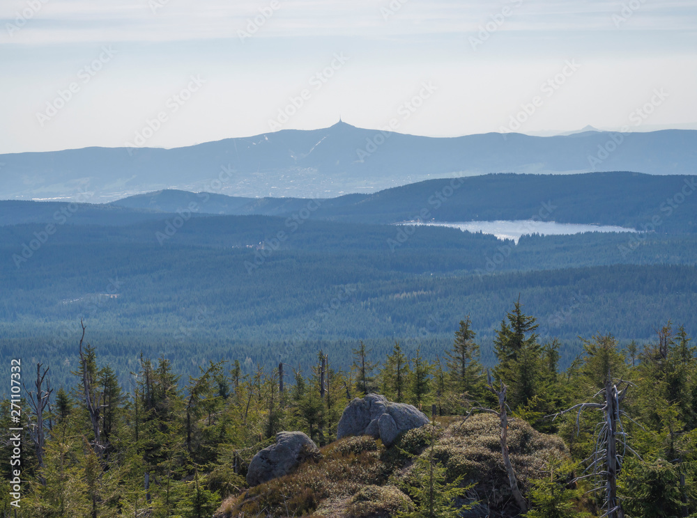 landscape of Jizera Mountains jizerske hory, view from peak of holubnik mountain with lush green ...
