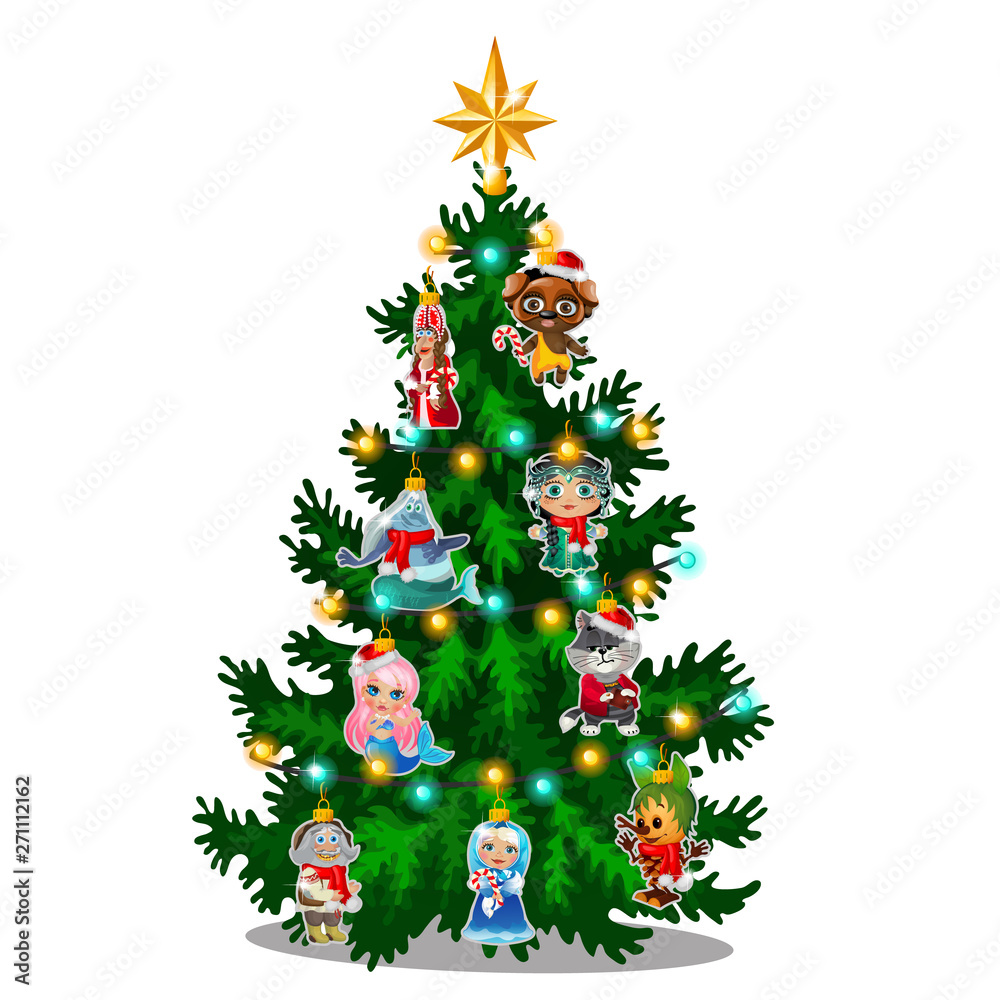 Green Christmas tree with colorful painted figurines of characters from ...