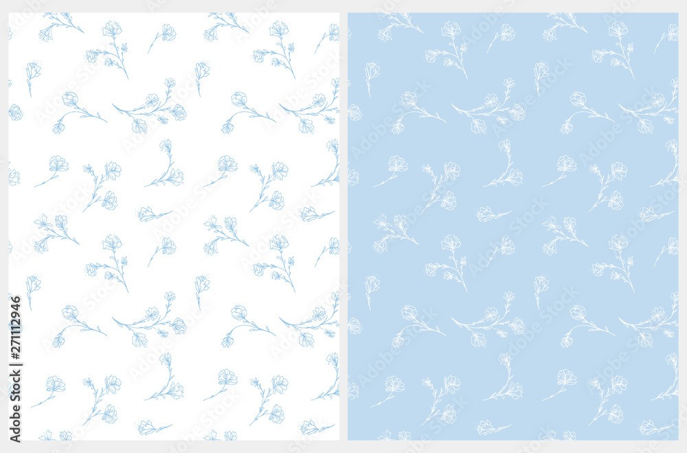 Cute Hand Drawn Floral Vector Patterns. Light Blue and White Floral ...