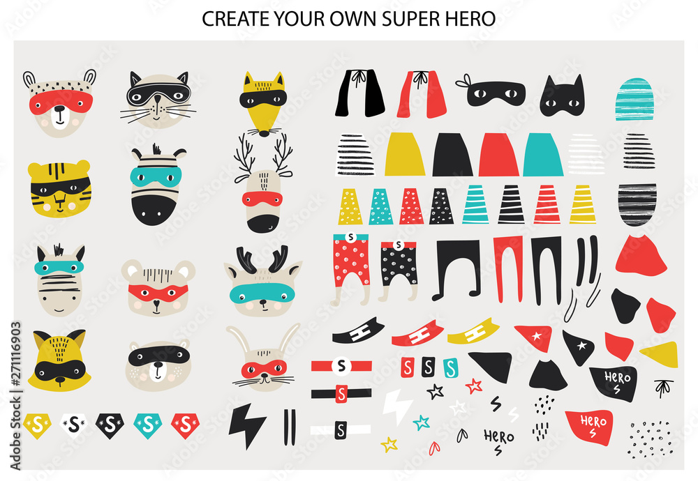 Super Hero collection. Big set of animal faces and Super Hero clothes ...