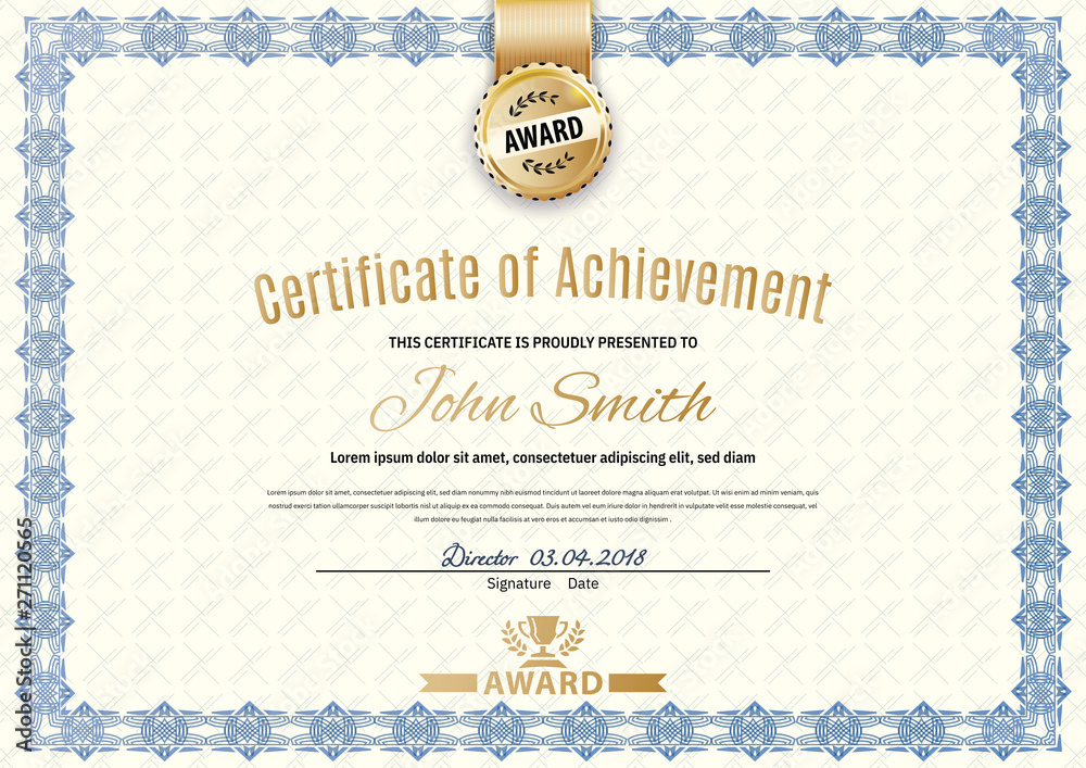 Official certificate with blue simple border. Business beige modern ...