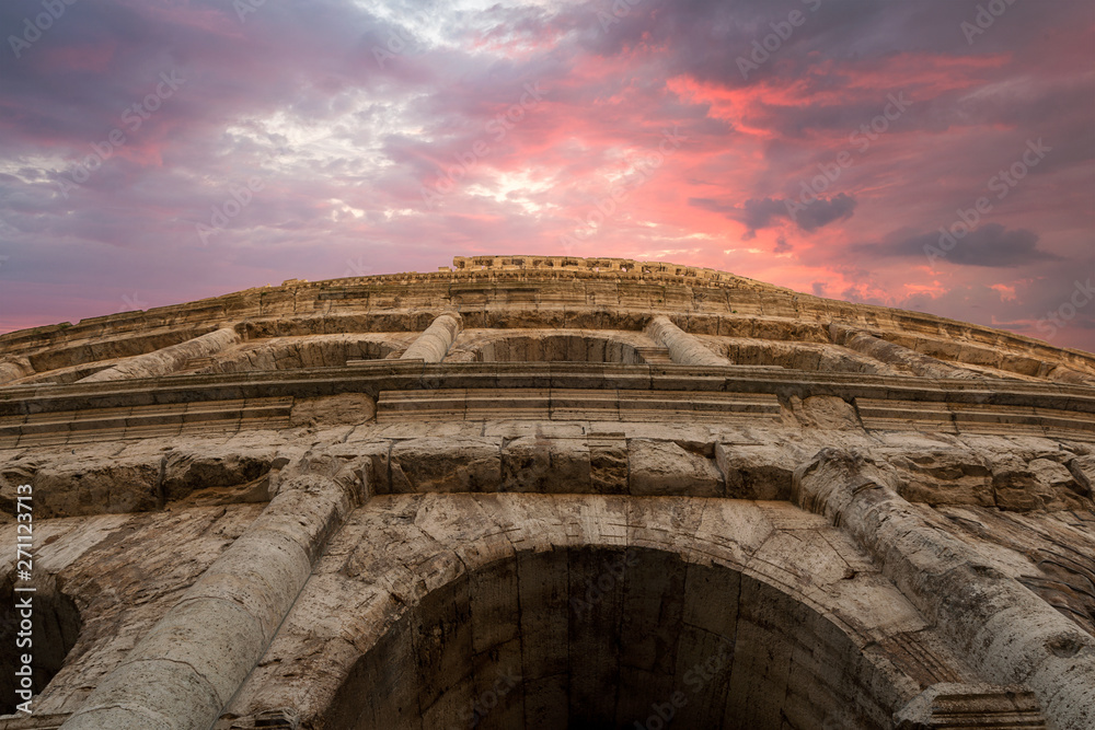 Close up view from below of Rome Colosseum in Rome, Italy. The ...