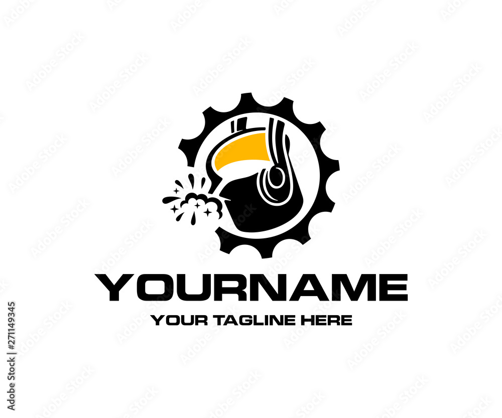 Metallurgy and foundry, iron molten metal pouring in gear, logo design ...
