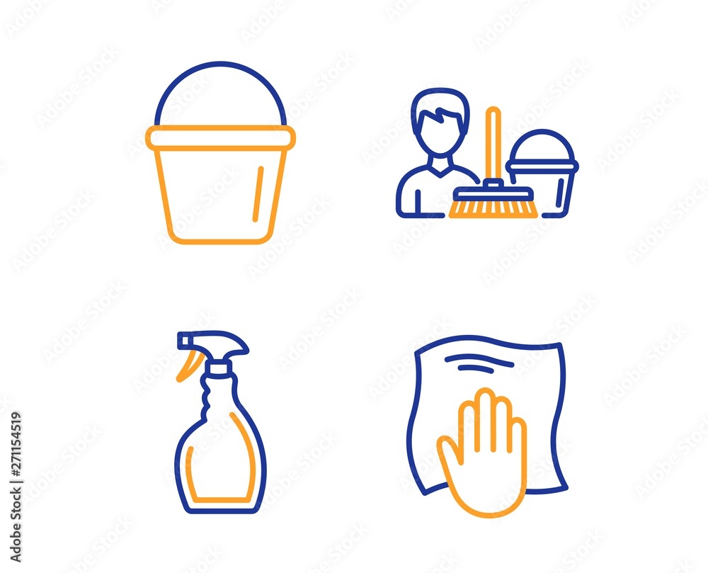 Spray, Cleaning service and Bucket icons simple set. Washing cloth sign ...