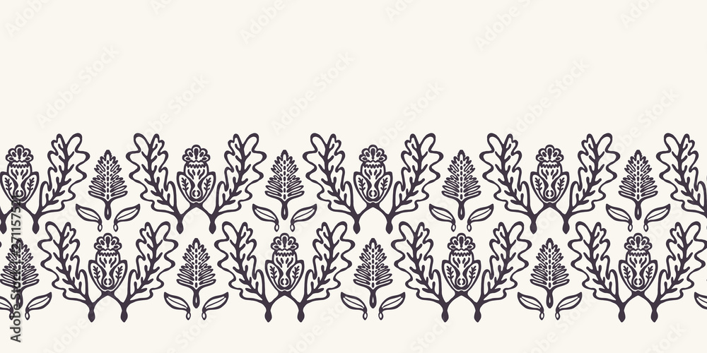 Seamless oak leaf thistle vector border pattern. Stylized hand drawn ...
