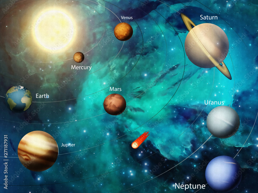 3d illustration, space, distant stars, bright Sun, all planets of the ...