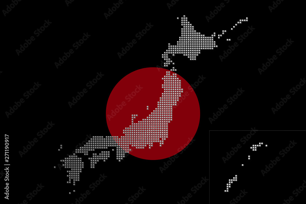 Japanese flag and Japan map composed of three-dimensional dots. 日本国旗と立体 ...
