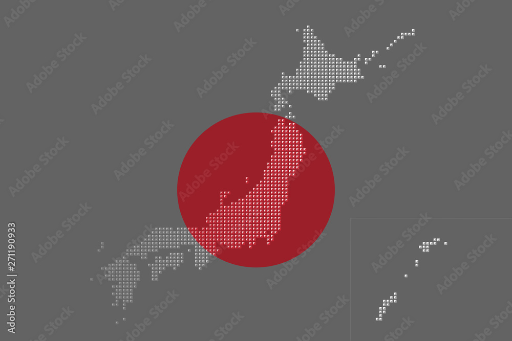 Japanese flag and Japan map composed of three-dimensional dots. 日本国旗と立体 ...