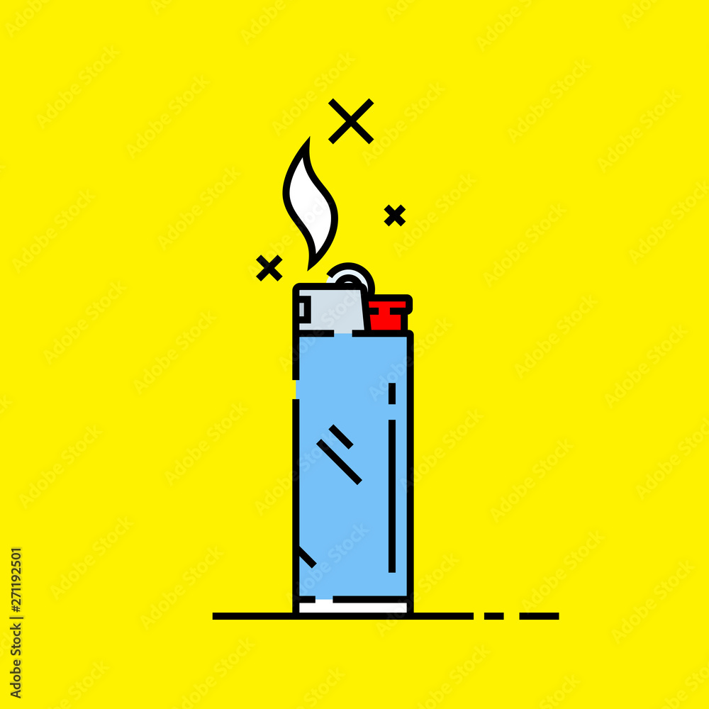 Cigarette lighter icon. Blue lighter symbol with flame and spark ...