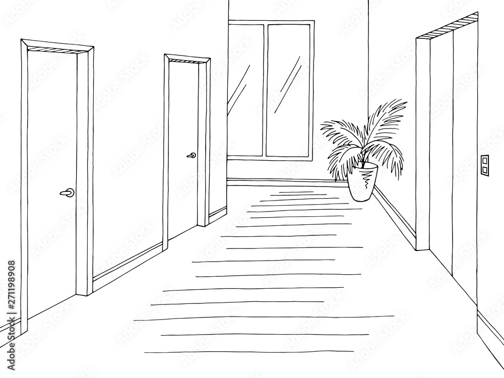 Corridor graphic black white interior sketch illustration vector Stock ...