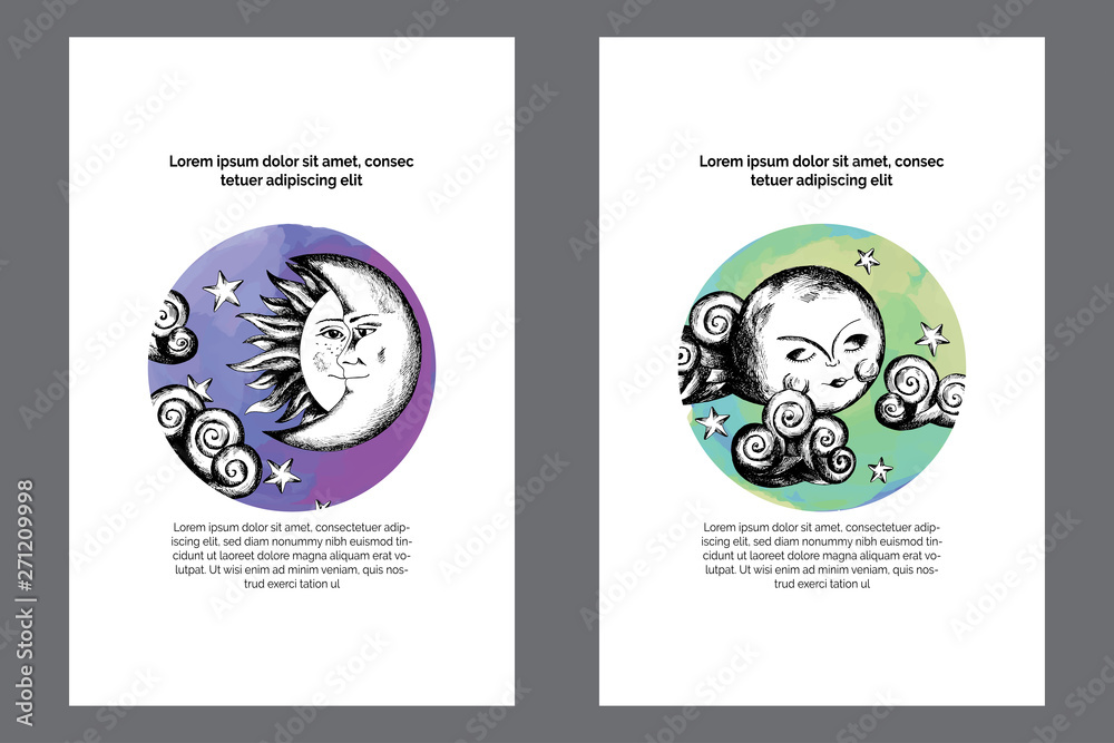 Artistic posters templates set, with moon and sun sketch in medieval ...