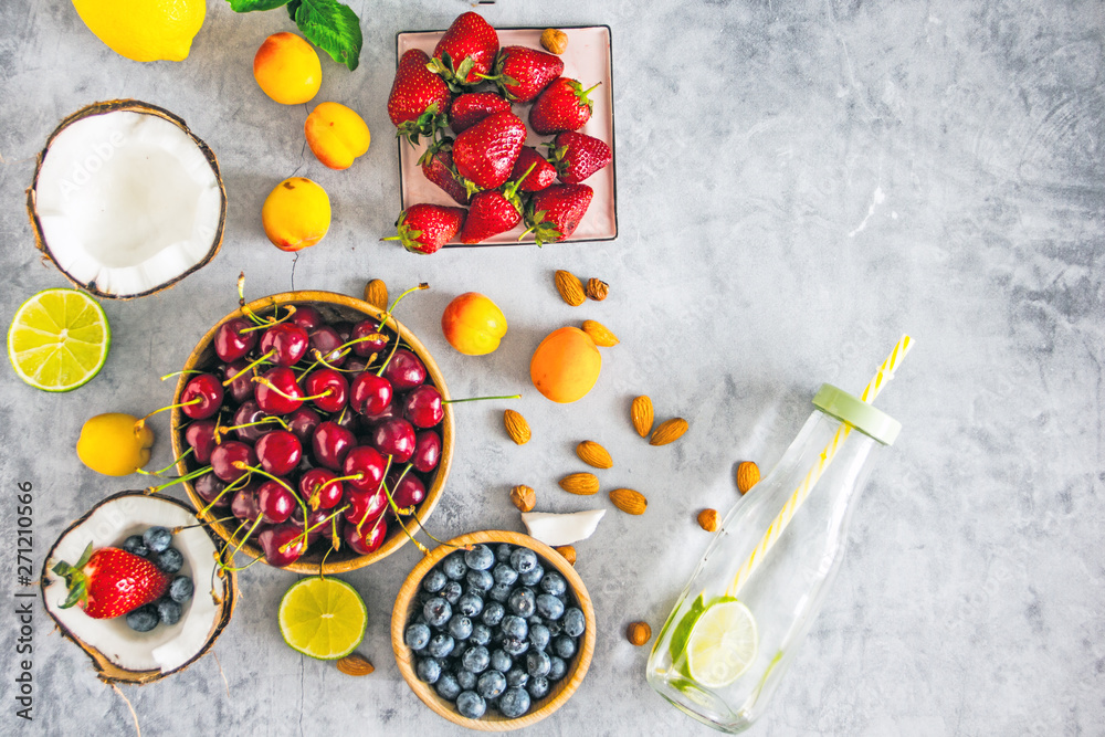 Summer light food of fruits, berries and cool drink background Stock ...