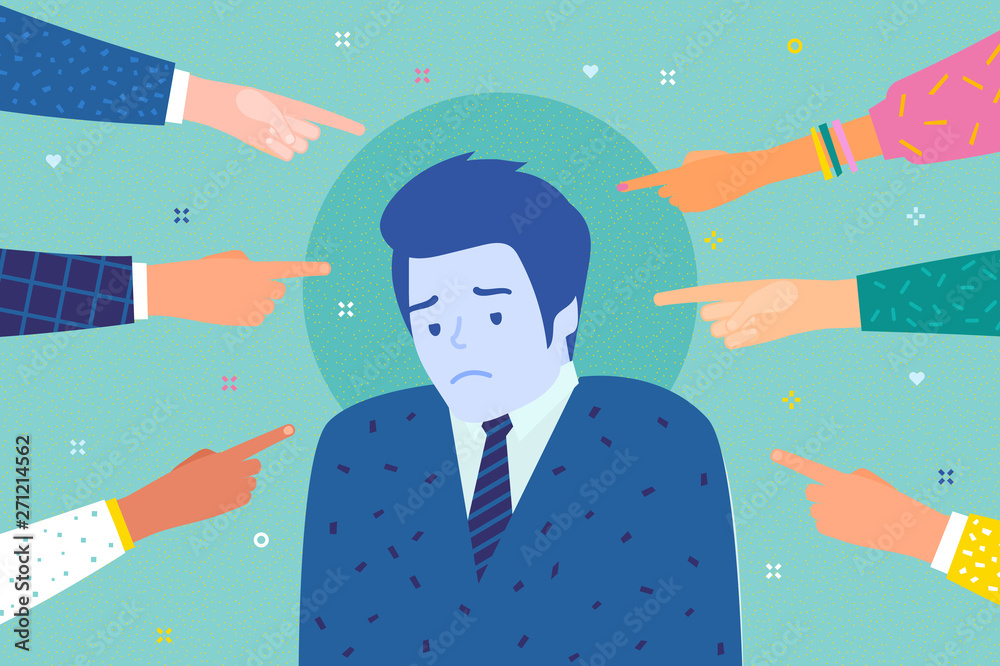 Sad or depressed man surrounded by hands with index fingers pointing at ...